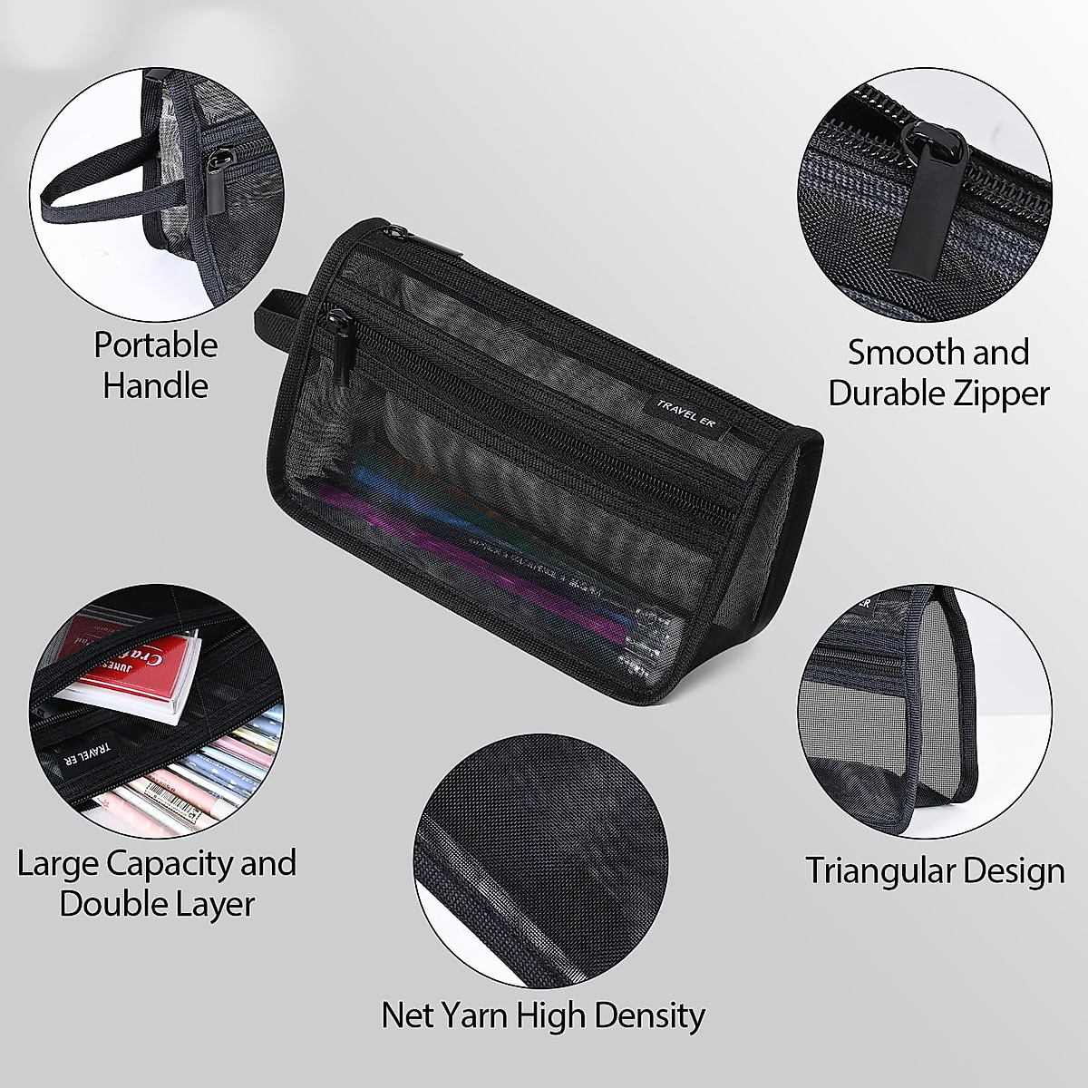 2-Pack Grid Mesh Pencil Case with Handle and Zipper, Double Layer Clear Large Capacity Pencil Pouch, Travel Makeup Bag and Small Toiletry Bag for Purse, College Essentials School Supplies (Black)