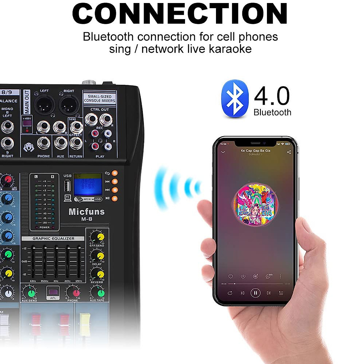 DJ Console Mixer Micfuns 8 Channel with Sound Board USB Bluetooth Audio Interface 48V Phantom Power Mixer Use for DJ Studio PC Recording Singing Webcast Party