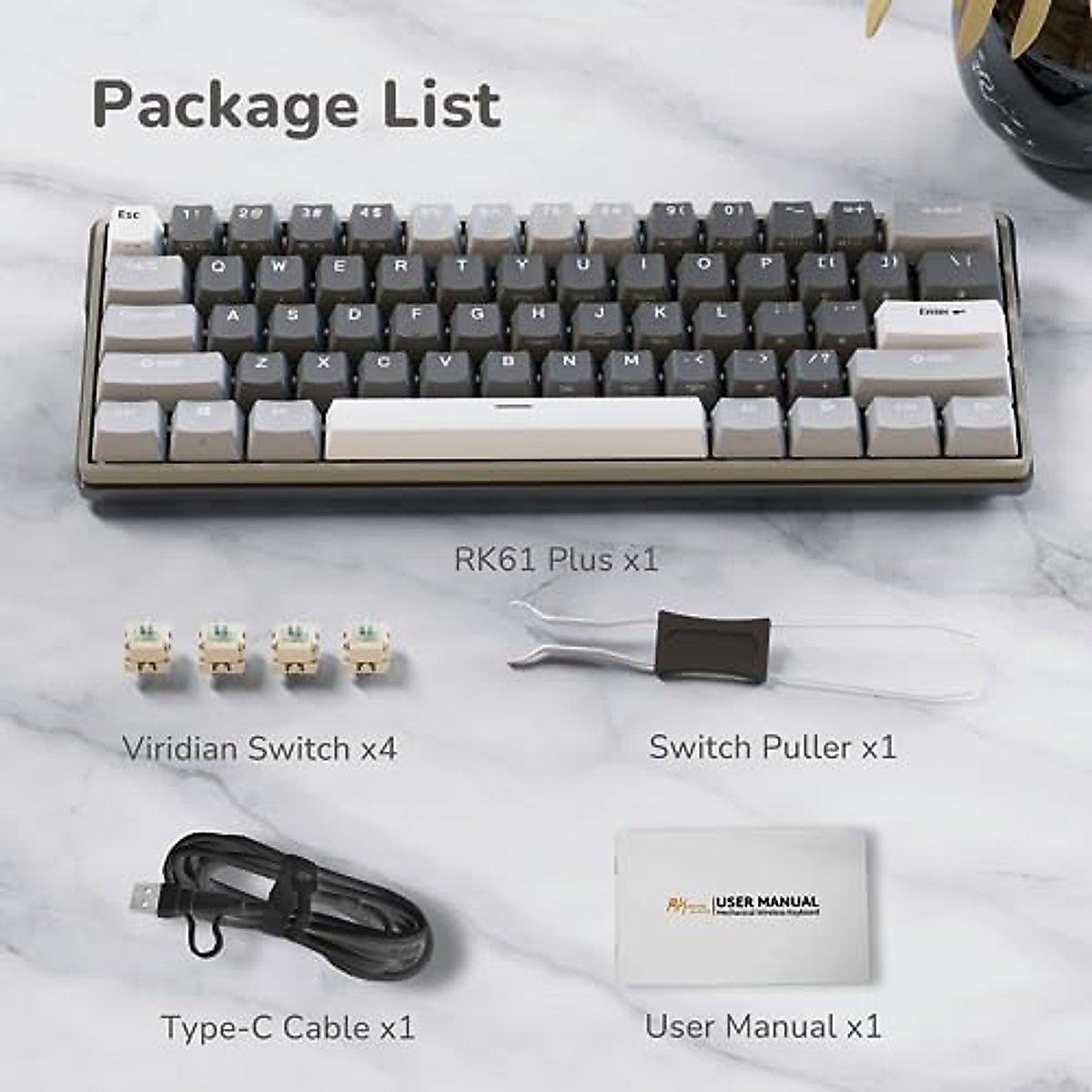 RK ROYAL KLUDGE RK61 Plus Wireless Gaming Keyboard, 60% Percent Mechanical Keyboard with Bluetooth/2.4Ghz/USB Modes, Hot Swappable RGB Keyboard for PC Gamers, Silent Linear Viridian Switches