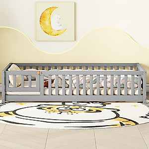 DNYN Twin Size Floor Bed for Kids Bedroom,Solid Wood Bedframe w/Door/Safety Guardrails/Wood Slat Support/Easy Assemble/Space Saving Design/No Box Spring Needed, Gray