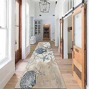 MUOUCTE Nautical Ocean Theme Runner Rug, 2x10ft, Tropical Beach Shell Long Hallway Runner Rug, Anti-Slip Durable Soft Entrance Rug, Fade Resistant Washable Carpet for Nursery Kitchen Bedside