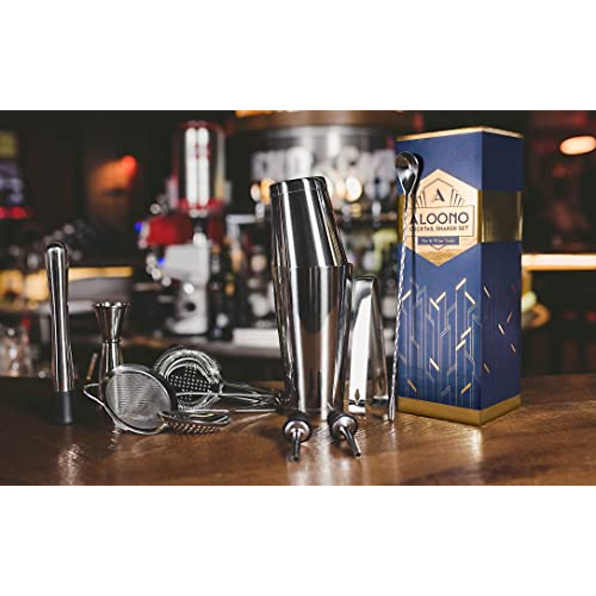 11-Piece Silver Boston Cocktail Shaker Set Bartender Kit | Drink Mixer Bar Set | Cocktail Set Bar Accessories: Martini Shaker, Strainer, Jigger, Muddler, Spoon, & More