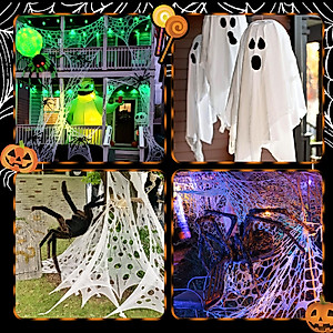 47.5 x 157.5In Spider Webs Halloween Decorations, 400Sqft Giant Stretchy Beef Netting Cut-Your-Own Spider Webbing Bulk with Fake Cobweb Spider, Landscape Stake for Garden Home Outdoor Halloween Décor