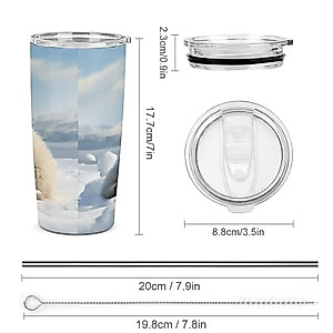 FHENMSA Stainless Steel Insulated Travel Coffee Mug,Cute Polar Bear Print Reusable Car Cup,Thermal Cup for Outdoor with Straw And Lid