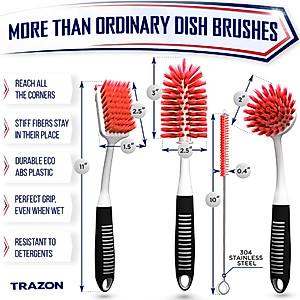 Dish Brush Set of 4 with Bottle Water Brush, Dish Scrub Brush, Scrubber Brush and Straw Brush - Kitchen Scrub Brushes Ergonomic Non Slip Long Handle for Cleaning Cleaner Wash Dish Sink Dishes Cup Pot