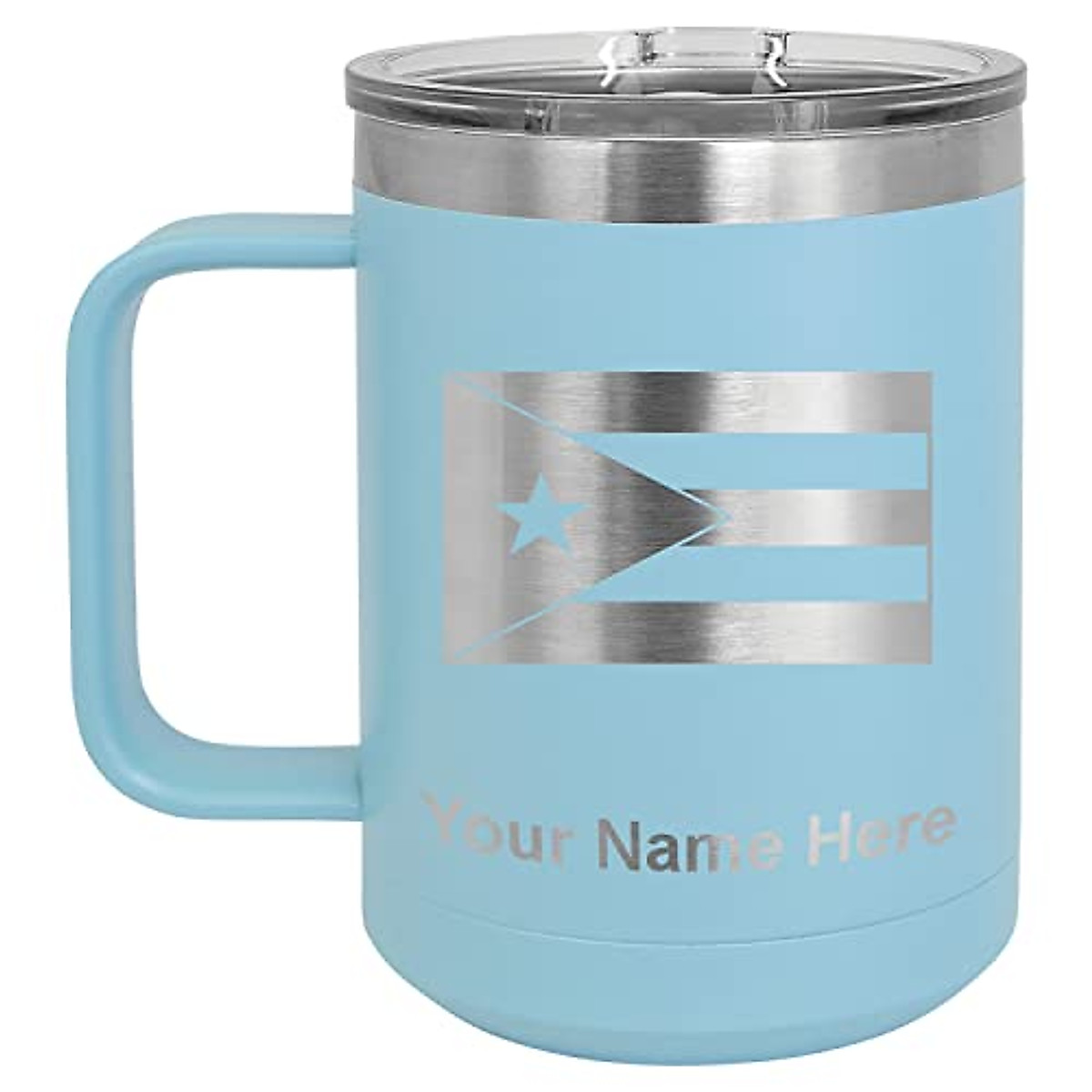 LaserGram 15oz Vacuum Insulated Coffee Mug, Flag of Puerto Rico, Personalized Engraving Included (Light Blue)