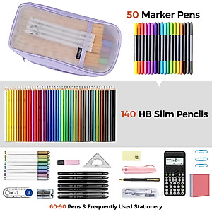 Fmeida Grid Mesh Pencil Case - Upgraded 4 Compartment Pencil Pouch, Clear Adult Pencil Bag Aesthetic Marker Pouch Stationary Bag Office Organizer for College Business Travel - Purple