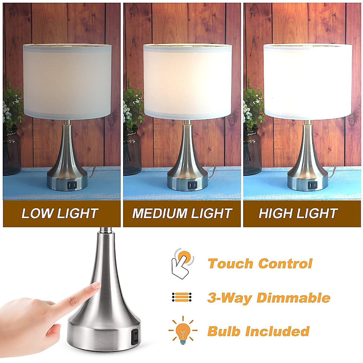 AMUV Lamps for Bedrooms Set of 2,Bedside Lamps Set of 2 with 2 USB Ports & AC Outlet,3-Way Dimmable Touch Nightstand Lamps Set of 2 for Living Room Office, White Fabric Shade,2700K Bulb Included