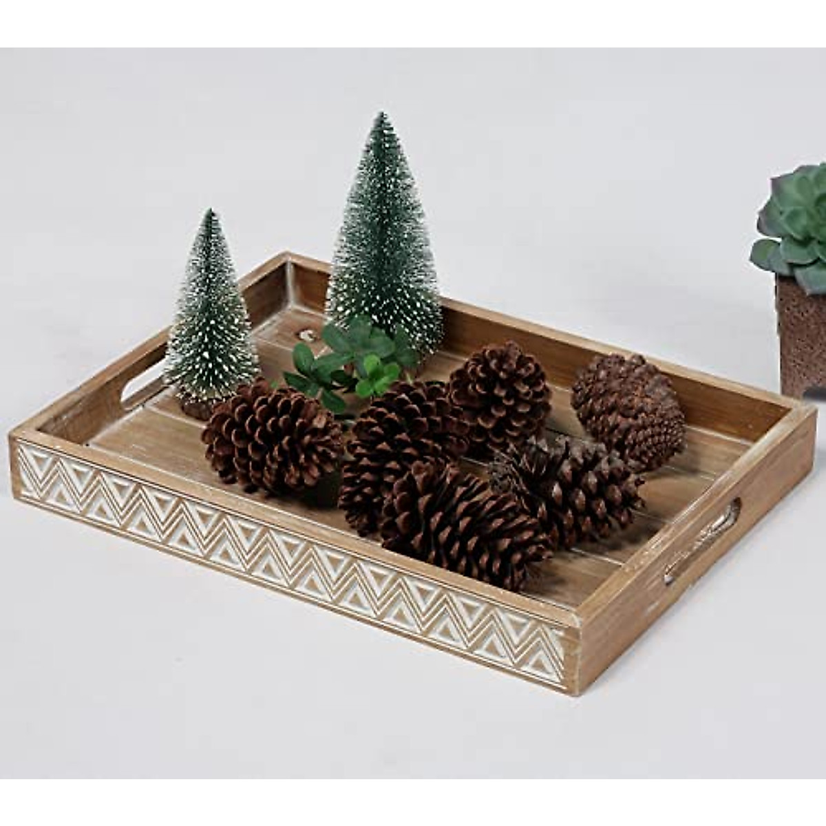 Dugunusu Farmhouse Wood Decorative Tray 16''X12'', Rustic Serving Tray, Tray for Ottoman, Coffee Table, Kitchen Counter, Crafts, Display (Rectangle Brown)