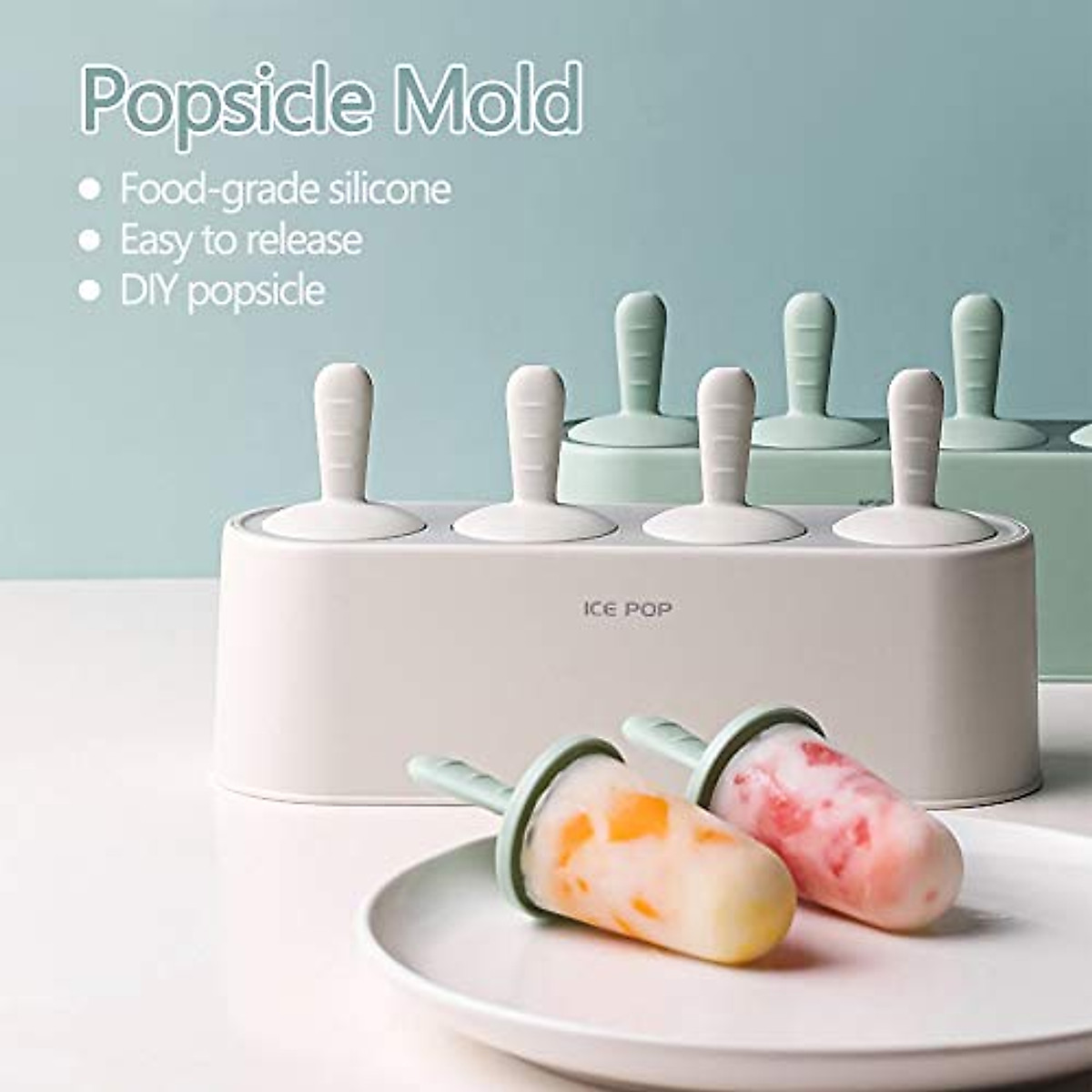 Popsicle Mold Set 4 Pieces Homemade Silicone Popsicle Maker Easy Release Ice Cream Molds Reusable DIY Pop Molds (Green)