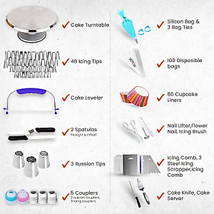 RFAQK 250 PCs Aluminum Cake Decorating Tools Kit with 12" Metal Turntable & Knife set-48 Numbered Icing Tips-3 Russian Piping Nozzles-Straight & Angled Spatula-Cake Leveler& Baking Supplies Tools