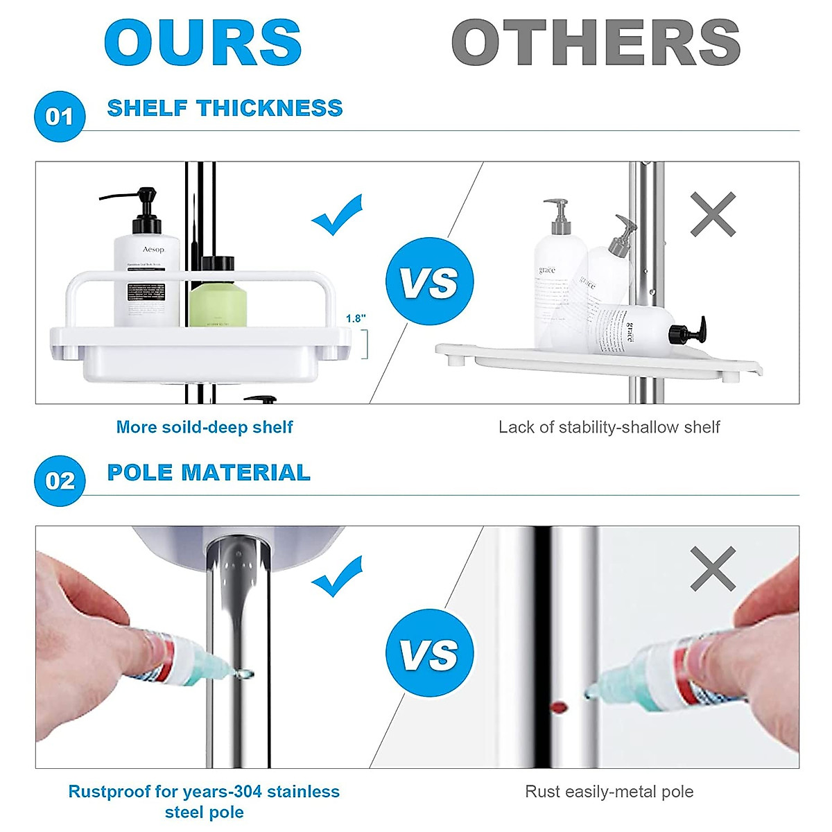 FRDECON Rustproof Shower Caddy Corner for Bathroom, 4-Tier Tension Pole Stainless Steel Shower Organizer, 56 to 115 Inch Adjustable Bathtub Shower Shelf Storage with 1 Tower Bar, White