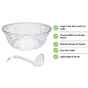 Premium Punch Bowl With Ladle Includes 8 Quart Serving Bowl With 5 oz serving ladle | Heavyweight Floral Embroidered Design | BPA Free Plastic | Punch Bowl Set 2 Gallons Large Punch Bowl for parties