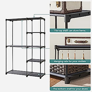 SONGMICS Freestanding Closet Organizer, 44-Inch Clothes Rack with 2 Hanging Rods, Portable Wardrobe Clothes Organizer with 4 Storage Shelves, Gray URYG024G02