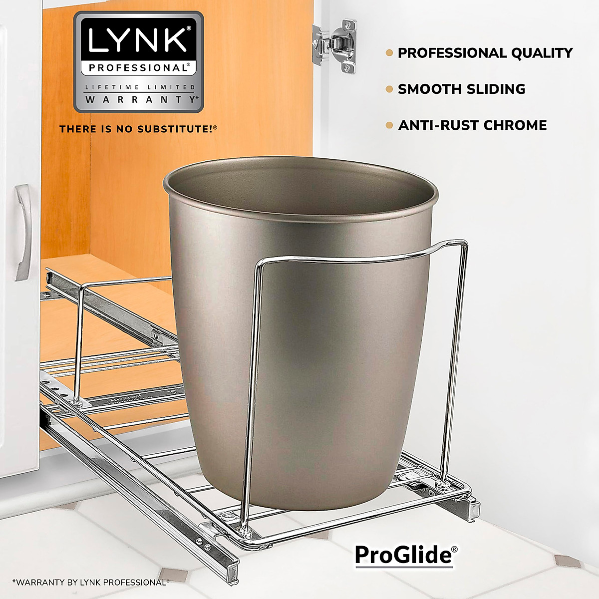 Lynk Professional® Pull Out Trash Can Under Cabinet Slide Out Organizer, Slide Out Adjustable Shelf for Trash Cans, Laundry Hampers, and Bath Bins - Chrome (Trash Can Not Included)
