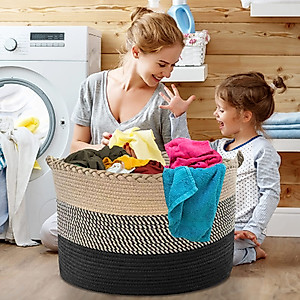 Large Woven Cotton Rope Basket - 22" x22"x 14", Baby Laundry Basket, Blanket Basket, Storage Baskets, Home Organizing Bins and Nursery Decor with Handle for Blankets, Toys, Clothes