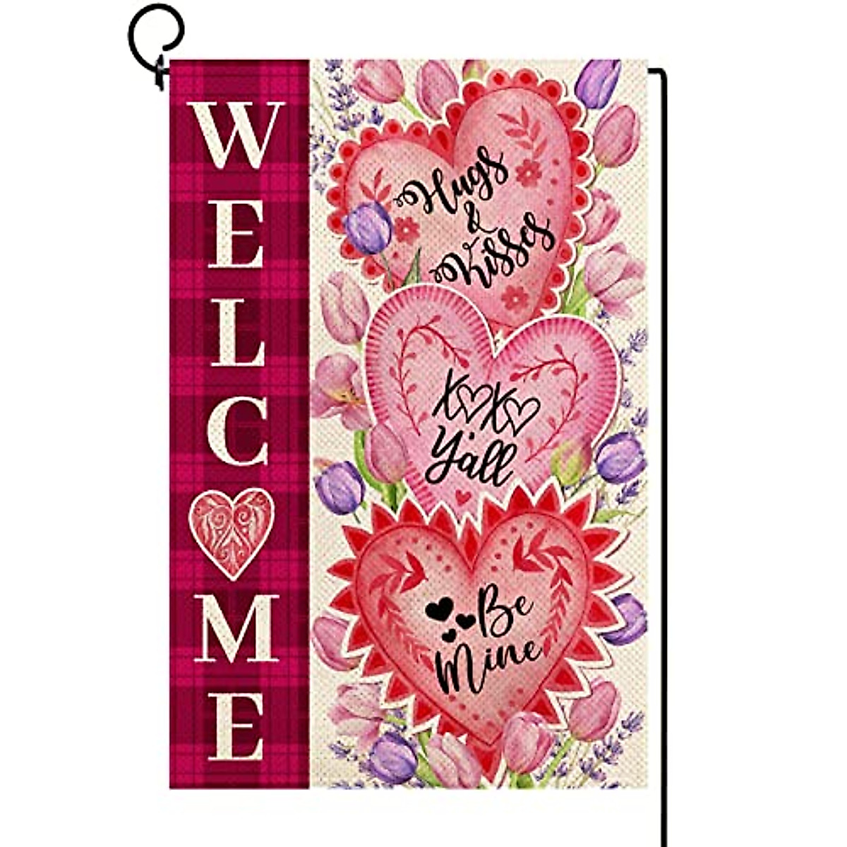 Baccessor Valentine's Day Love Heart Hugs Kiss Be Mine Tulip Garden Flag Double Sided Spring Burlap Flag Anniversary Wedding Yard Outdoor Seasonal Decoration 12x18 Inch