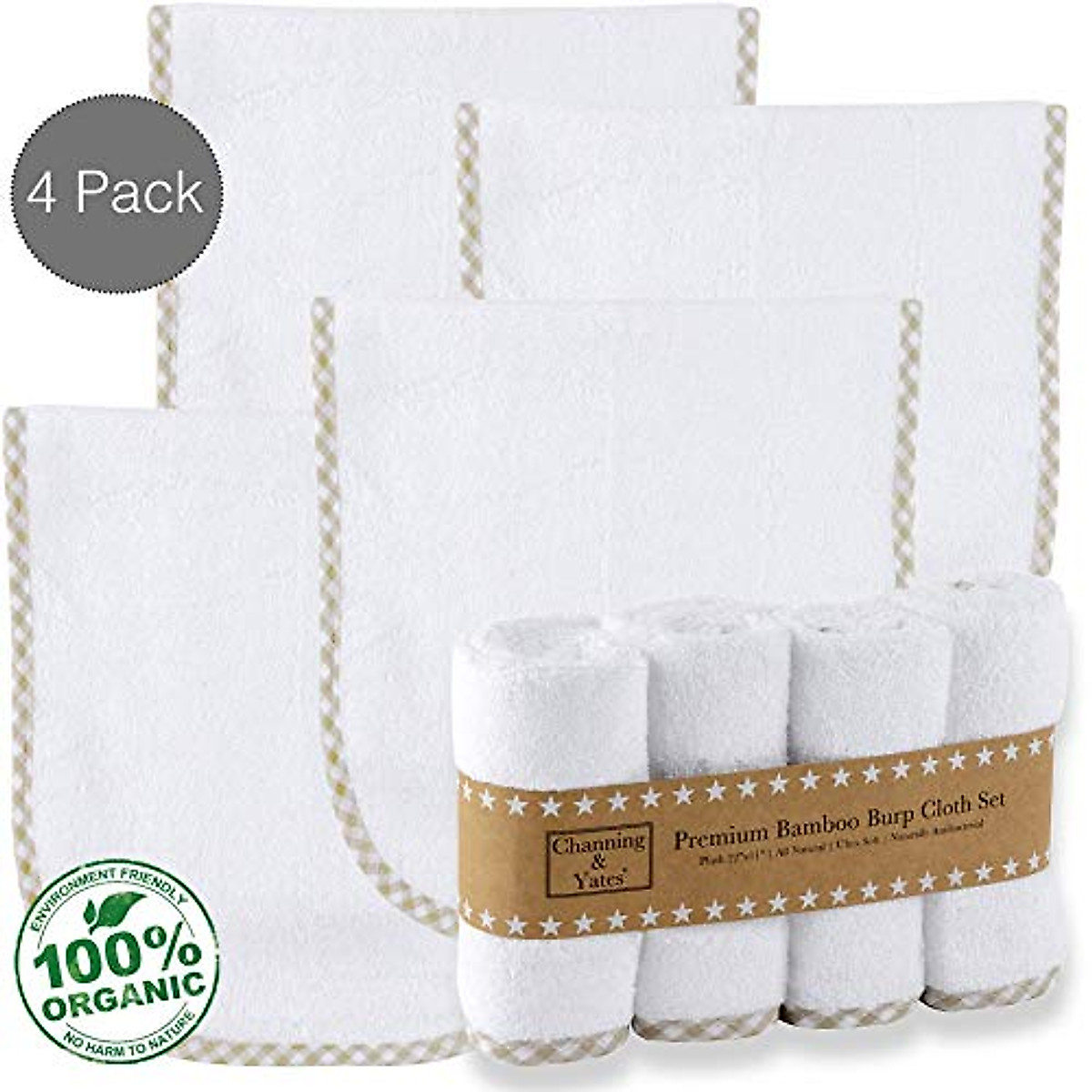 Channing & Yates Premium Hooded Baby Towel + (4 Piece) X-Large Washcloth Gift Bundle - Organic Bamboo Baby Towels and Washcloths- (Beige Gingham Bundle)…