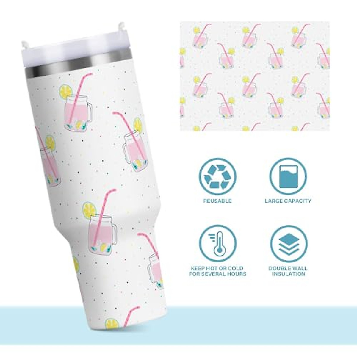 DIGTIA Stainless Steel Insulated Tumbler w/Handle & Straw, Cocktail Lemon Double Wall Vacuum Travel Coffee Mug Cup w/Lid, Leak-Proof Sports Pink Water Bottle,30oz