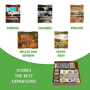 TowerRex Board Game Organizer for Terraforming Mars board game box, Terraforming Mars boardgame expansions, Turmoil, Colonies expansion, Prelude expansion, Hellas and Elysium expansion, Venus Next