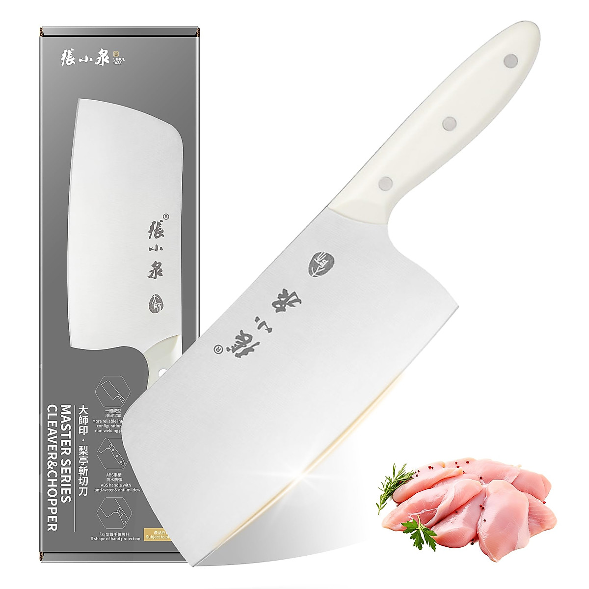 ZHANG XIAO QUAN SINCE 1628 Chinese Meat Cleaver 7.3”, Heavy Duty Chopper Knife 40Cr13 Stainless Steel for Meat Vegetable Chef Knife White