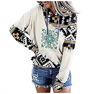 Baralonly Womens Casual Ethnic Style Hooded Sweatshirt Geometric Horse Print Long Sleeve Drawstring Pullover Tops
