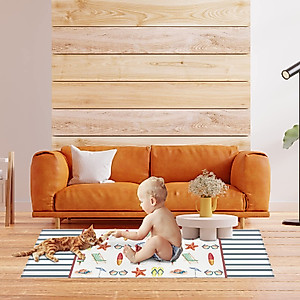 IDOWMAT Kitchen Rug Sets of 2 - Absorbent Non-Slip Kitchen Mats Navy Blue Stripes Beach Swim Ring Ice Cream Sunglasses Floor Comfort Mats Doormat for Kitchen Office Laundry 15.7x23.6in + 15.7x47.2in