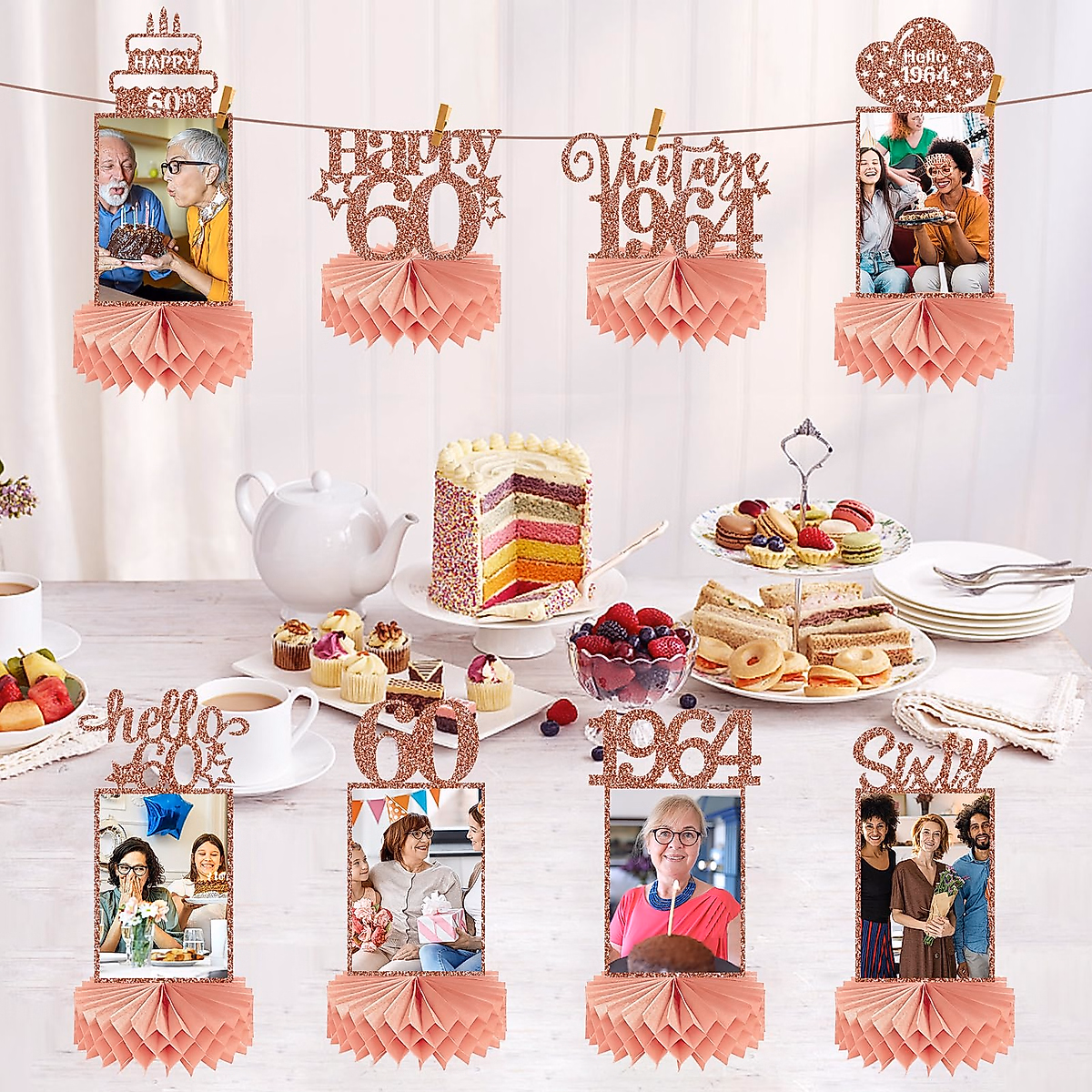 Guiruiy 8Pcs Happy 60th Birthday Decorations Honeycomb Centerpieces for Women, Pink Rose Gold Glitter Hello 60 Birthday Photo Table Centerpieces Party Supplies, Pink Sixty Bday Photo Table Topper