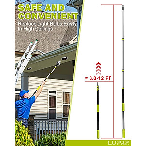 Lupar Light Bulb Changer Pole Kit 3 FT to 12 FT Telescoping Extension Pole with 2 Baskets and Suction Cup for High Ceilings and Recessed Lights Lightbulb Removal Changing