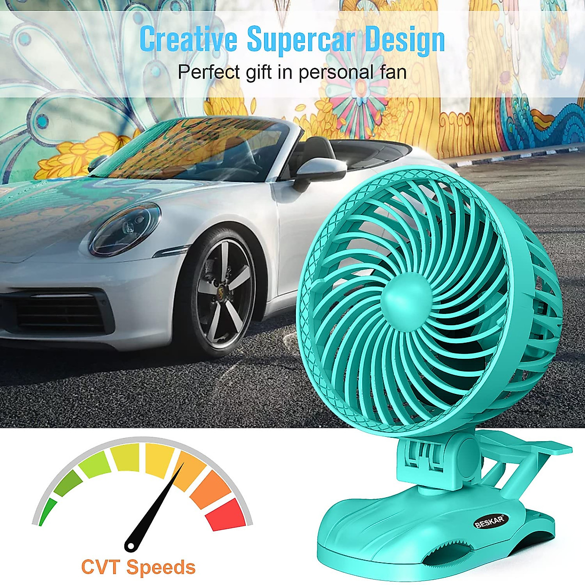 Small Clip on Fan - Personal USB Fan CVT Speeds and Strong Clamp, Adjustable Tilt, Quiet Operation, 6 Inch Desk Fan for Office Bed Treadmill Stroller - USB Cord Plug in Powered