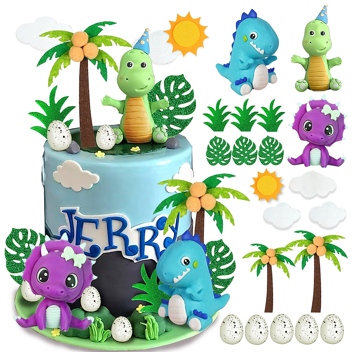 Dinosaur Cake Toppers Clay Dinosaurs Palm Leaves Dinosaur Eggs for Boy Girl Kid Birthday Baby Shower Dinosaur Theme Jungle Party Supplies (Multicolor)