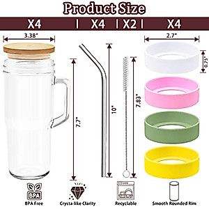 4-Pack 24oz Glass Tumbler Cups with Handle, Bamboo Lids, and Straws - Reusable Mason Jar Drinking Glasses for Iced Coffee, Smoothies, Beer, Juice, and Tea