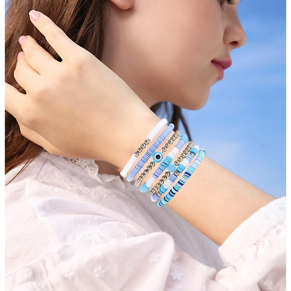 Svovin 58 Pcs Preppy Heishi Bracelets Set Colorful White Gold Heart Star Evil Eye Beaded Polymer Clay Pearl Stackable Charm Y2K Kidcore Summer Beach Bohemian Layering Bracelets Jewelry for Women