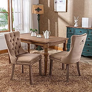 Danxee High-end Velvet Dining Room Chairs Upholstered Elegant Tufted Chair with Luxurious Button Nailed Trim Ring Pull Armless Accent Chair (Khaki, Set of 4)