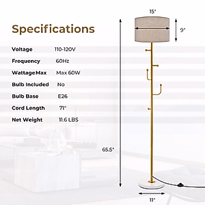 Tangkula Floor Lamp with Coat Rack, Wood Floor Light with 6 Hooks, E26 Lamp Holder & Foot Switch, Multifunctional Standing Lamp, Modern Pole Lamp for Living Room Bedroom Hallway