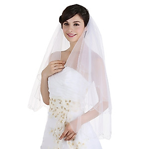 SAMKY 2T 2 Tier Scallop Edge Dangle Crystals Veil - White Fingertip Length 36" V025