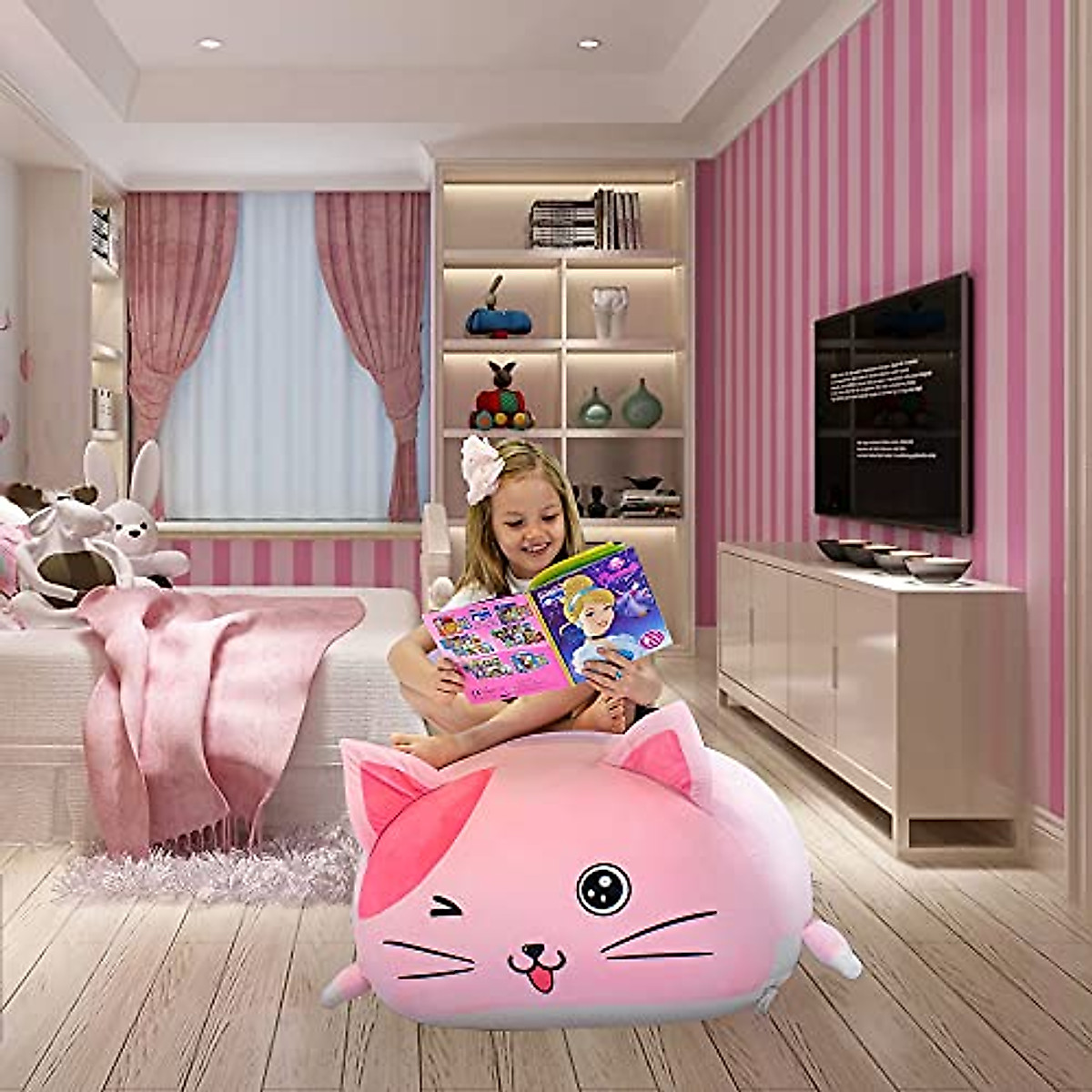 Anzitinlan Cute Cat Bean Bag Chair for Kids, Pink Stuffed Animal Storage Beanbag Chairs for Girls Room Decor, Extra Large Size, Velvet Super Soft Cover Only
