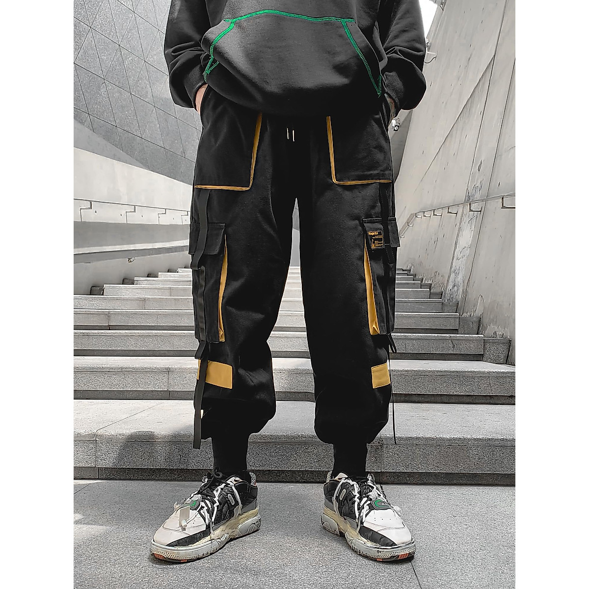 Ambcol Men's Jogger Pants Techwear Hip Hop Harem Pants Streetwear Tactical Track Pants with Drawstring Black-Yellow Medium