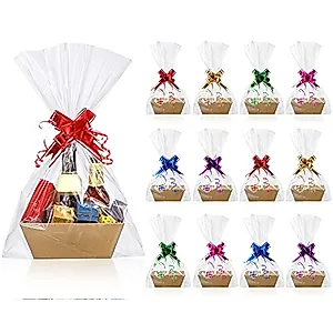 Canlierr Empty Gift Basket Set Basket for Gifts Empty 8x6x3 Inches Kraft Market Tray Cardboard Basket with Handles, Bags, and Multicolor Bows for Wedding Birthday Hostess Gift Packages (50 Pcs)