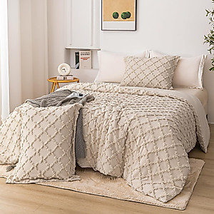 MILDLY Boho Duvet Cover King Size, 3 Pieces Shabby Chic Khaki King Size Comforter Cover for Home, Soft Tufted Duvet Cover with Corner Ties & Zipper Closure-No Comforter