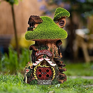 ASAWASA Fairy Houses for Gardens with Solar LED Light,Indoor Outdoor Décor Garden Lighting Figurines for Patio Lawn Yard(Flocked Mushroom House)
