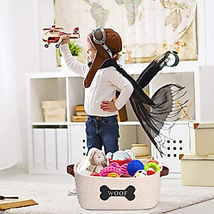 Brabtod Cotton Rope Dog Toy Storage Basket Medium, Dog Toy bin with Handle,Dog Stuff Organizer - Perfect for organizing pet Toys, Blankets, leashes, Pee mats and Diapers,Nursery Decor Basket-Beige