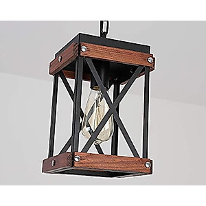 Fivess Lighting Rustic Farmhouse Pendant Light with Wood and Metal Cage, One-Light Adjustable Chains Industrial Mini Pendant Lighting Fixture for Kitchen Island Cafe Bar, Black