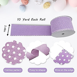 Spring Easter Ribbons for Wreath Bows Wrapping Gifts, Polka-Dots Purple Ribbons for Easter Decoration DIY Crafts, 2.48" X 10 Yards Spring Wired Edge Burlap Ribbon