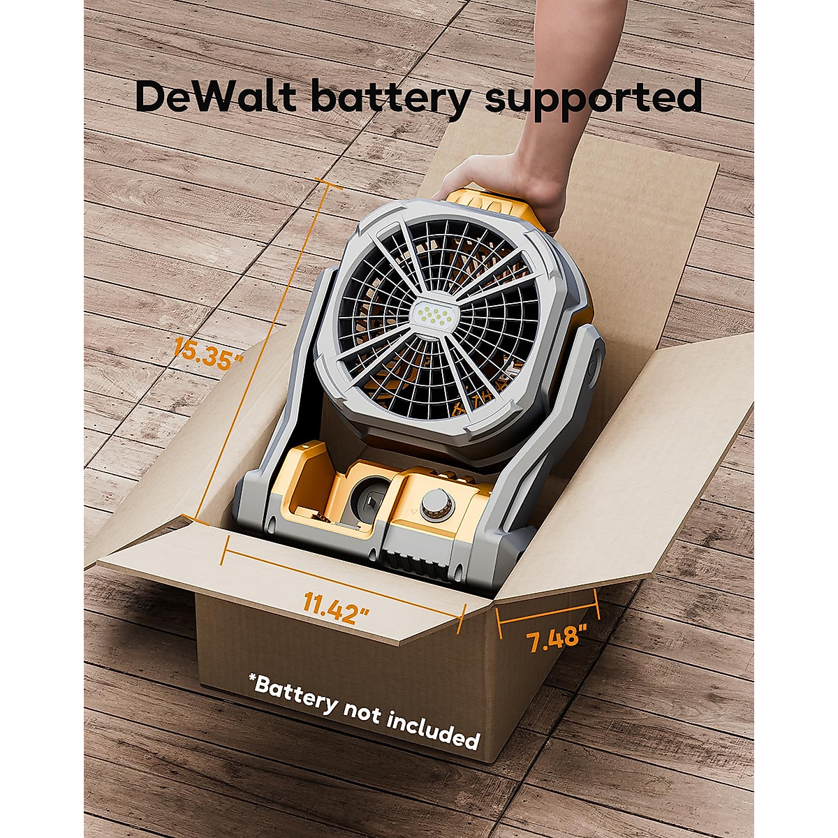 DeForce Battery Operated Fan, for DeWalt 20V Max Battery, Camping Fan Cordless, Option for Corded, with LED Lights, Variable Speed, Hook for Hanging, for Jobsite(Battery Not Included)