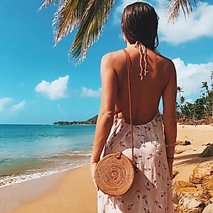 VODIU Women Bali Rattan CrossbodyBags Handmade Straw Bags Bohemian Shoulder Bag (Leather Buckle)