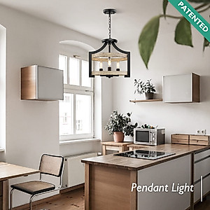 3-Light Rustic Farmhouse Pendant Hanging Light Adjustable Height Max 68in, Convertible Vintage Semi Flush Mount Ceiling Light Fixture Black Metal Chandelier White Birch Wood Finish Kitchen Dining Room