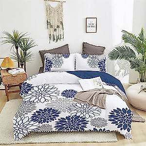 ORTIGIA Boho Pom Pom Fringe Duvet Cover Set Queen Size,Blue Dahlia Floral Duvet Cover Set Soft Washed Microfiber 1 Bed Cover (90"x90") with 2 Pillow Shams(20"x 26") 3 Pieces Comforter Cover