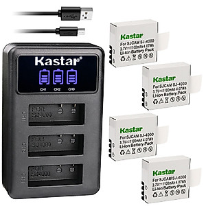 Kastar 4 Pack SJ4000 Battery and LCD Triple USB Charger Compatible with Eken PG1050, SJ4000B, Qumox BAT-412 Battery, Pruveeo DV200 Waterproof Sports Action Camera with WiFi, 4K Video Camcorder