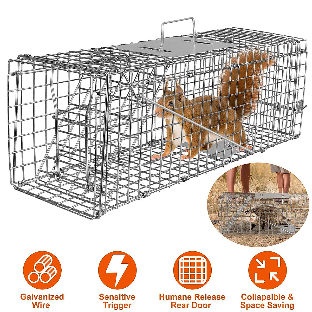 KOCASO 23.3"x7.24"x7.72" Humane Live Animal Trap Cage Cat Trap Catch Release Live Animal Rodent Cage for Indoor Outdoor，Foldable Live Trap for Small Rabbit Squirrel Groundhogs Mole Gopher Cat